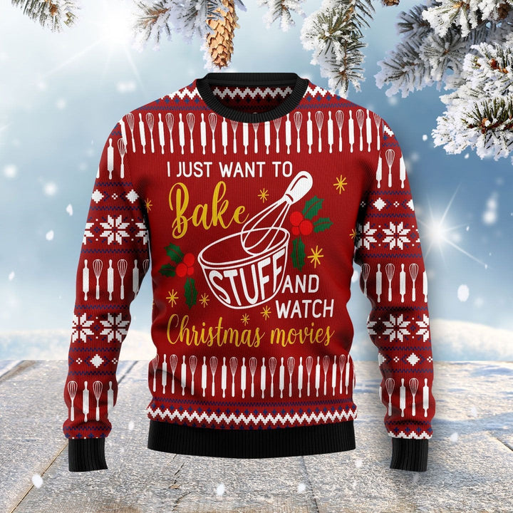 I Just Want To Bake Stuff And Watch Movies Ugly Christmas Sweater Amaz ...